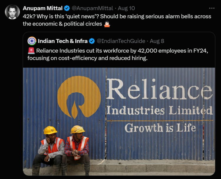 Reliance fires 11% of its total workforce that is 42,000 employees