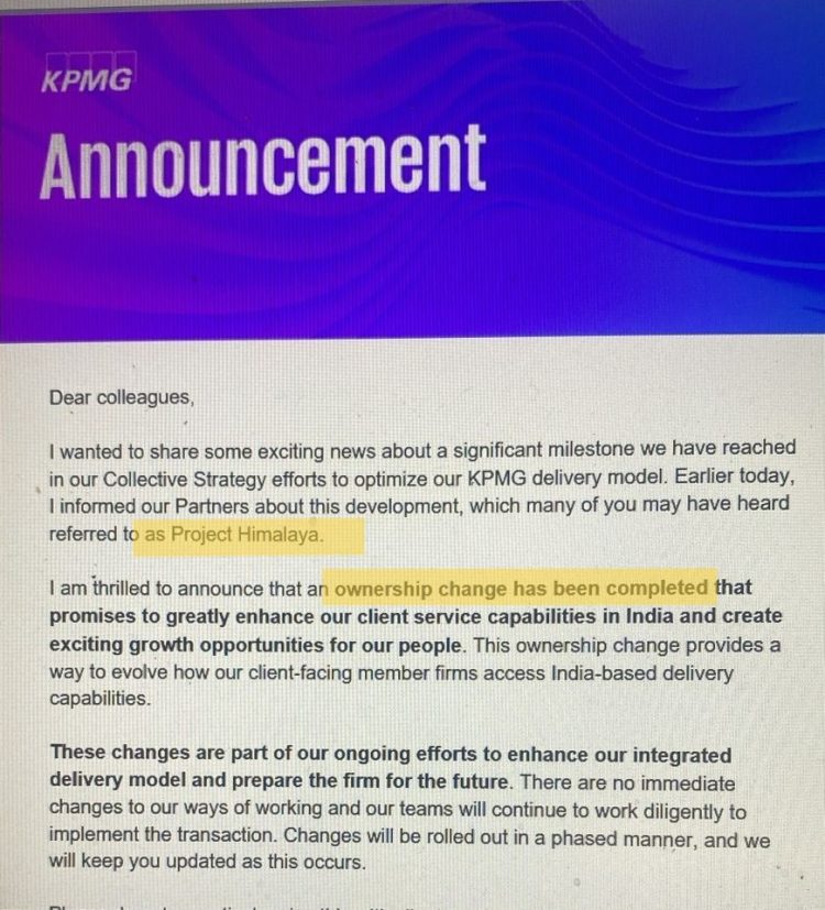 KPMG India CEO confirms: “Ownership change complete....wrt Project ...